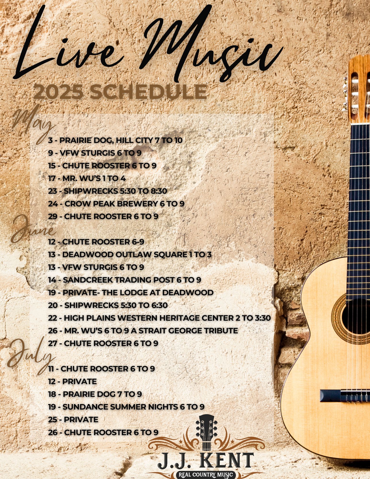 Live Music Schedule - JJ Kent Music